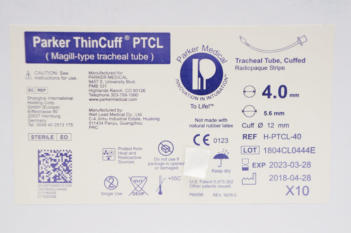 Parker Medical H-PTCL-40 ThinCuff PTCL Magill-Type Tracheal Tube 4.0mm ...