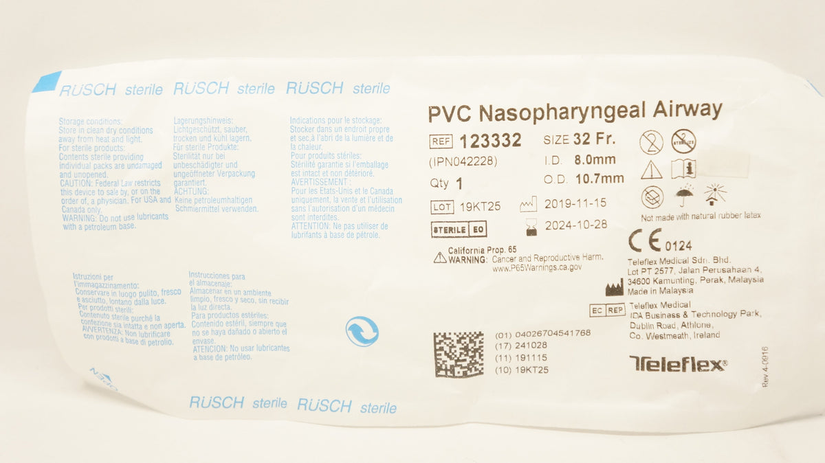 Teleflex 123332 Rusch PVC Nasopharyngeal Airway 32 Fr. x 8.0mm ID x 10 ...
