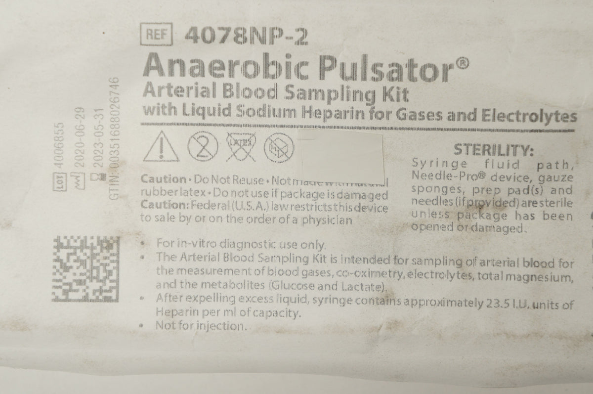 Smiths Medical 4078NP-2 Portex Anaerobic Pulsator Arterial Blood Sampl ...