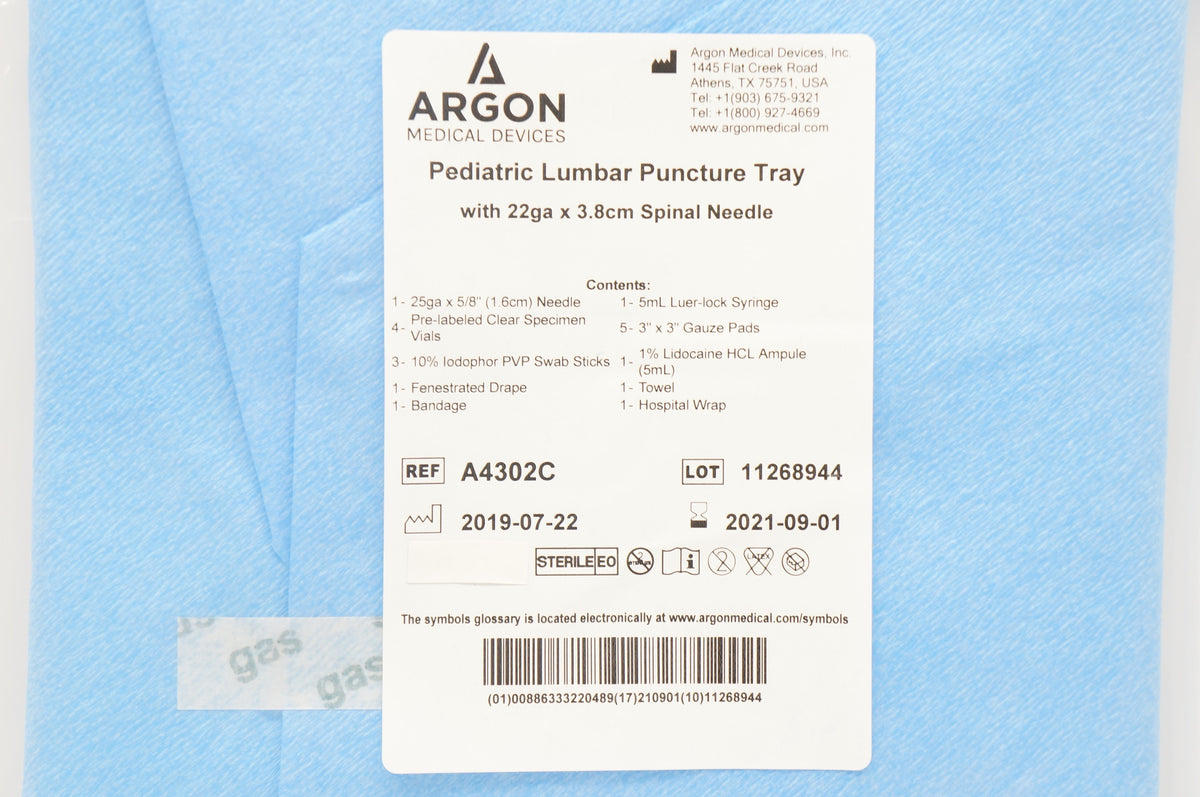 Argon A4302C Pediatric Lumbar Puncture Tray With 22Ga x 38cm Spinal Nd ...