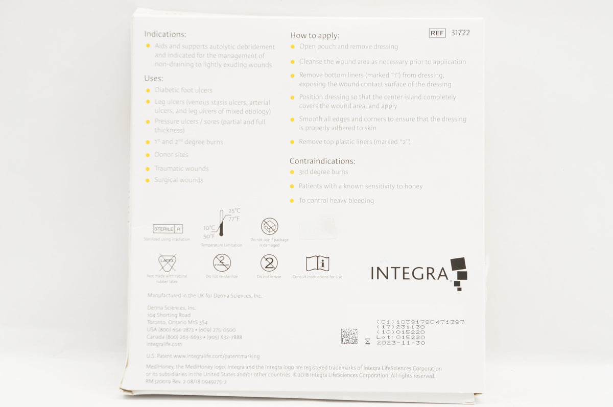 Integra 31722 MEDIHONEY Adhesive WITH HCS Sheet, 2.8inch x 2.8inch - B ...