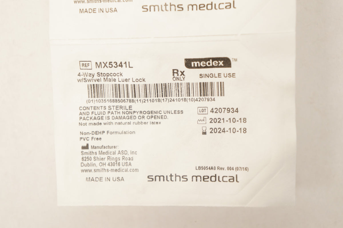 Smiths Medical MX5341L 4-Way Stopcock w/Swivel Male Luer Lock - Box of ...