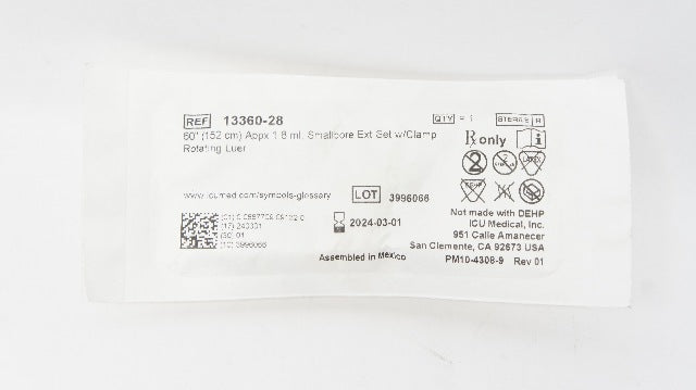 ICU Medical 13360-28 Smallbore Ext Set w/Clamp, Rotating Luer, 60inch ...