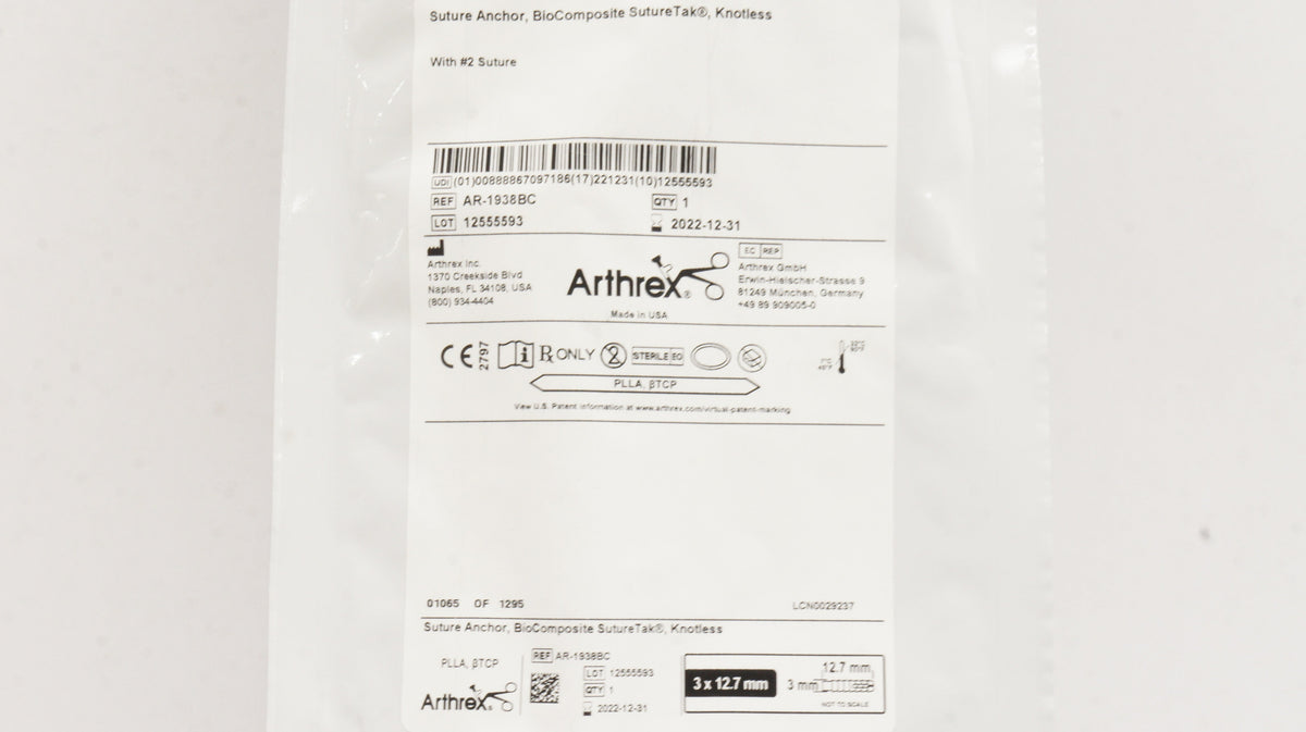 Arthrex AR-1938BC Stre Anchor BioComposite SutureTak, Knotless 3 x 12 ...
