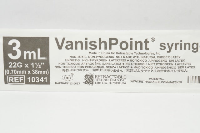 Retractable 10341 VanishPoint Syringe 3ml 22G x 1 1/2 inch (x ...