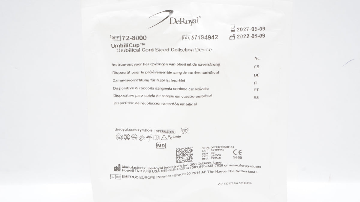 DeRoyal 72-8000 UmbiliCup Cord Blood Collection Device – Imedicsales
