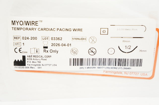 A&E Medical 024-200 2.0 Myo/Wire Temporary Cardiac Pacing Wire 1/2 26x ...