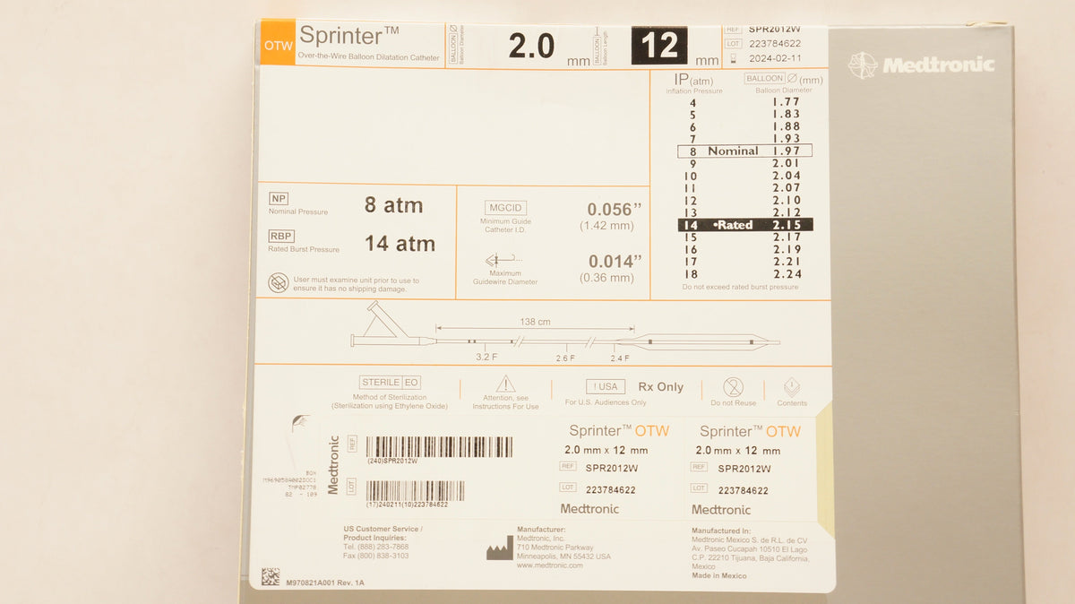 Medtronic SPR2012W Sprinter OTW Balloon Dilatation Cath. 2.0mm x 12mm ...