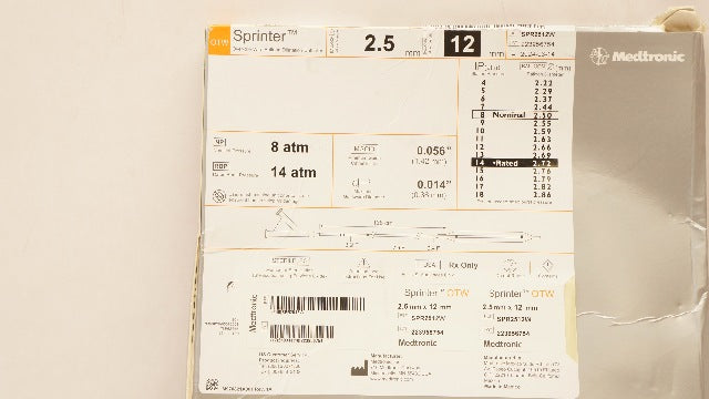 Medtronic SPR2512W Sprinter OTW Balloon Dilatation Cath. 2.5mm x 12mm ...