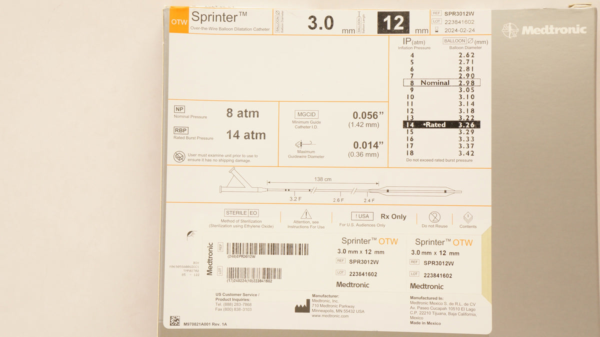 Medtronic SPR3012W Sprinter OTW Balloon Dilatation Cath. 3.0mm x 12mm ...