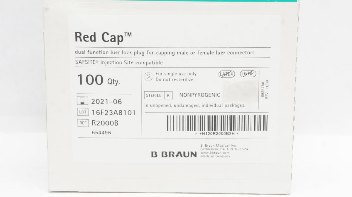 Braun R2000B Red Cap Dual Function Luer Lock Plug (x) ~ Box of 100 ...