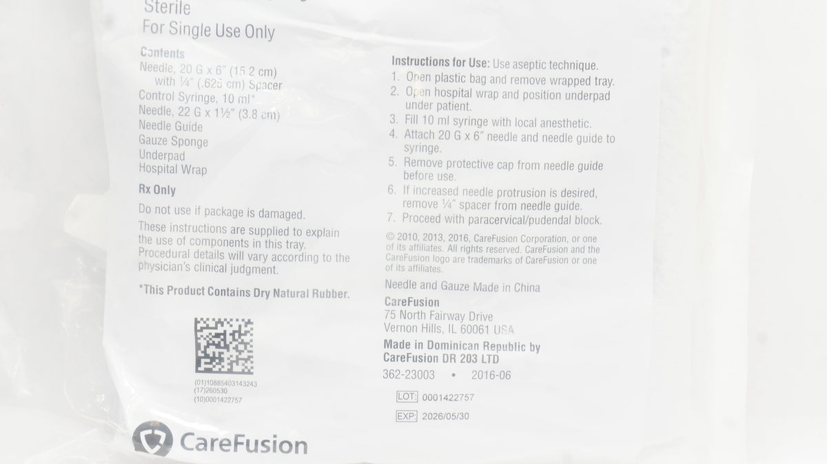 CareFusion 4540A Paracervical/Pudendal Block Tray, Control Syringe 10m ...