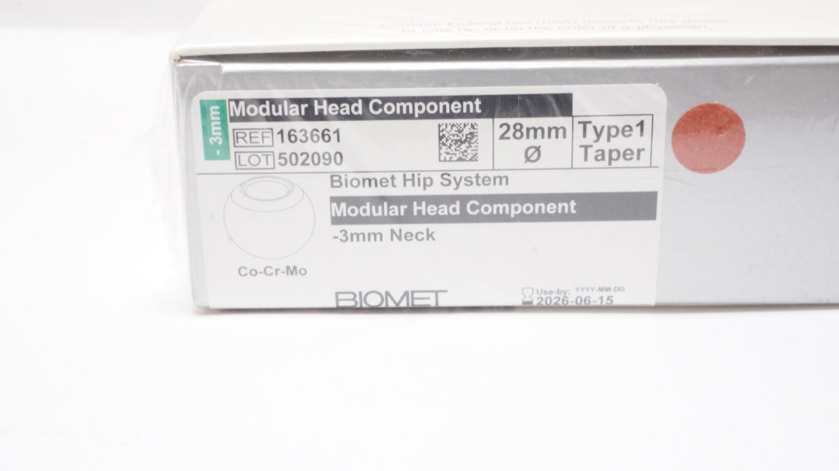 Biomet 163661 Hip System Modular Head Component 3mm Neck 28mm Type 1 ...