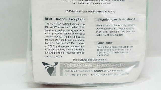 Vortran Medical 4010 VAR RC Automatic Resuscitator 6inch Elbow Flex, 7 ...