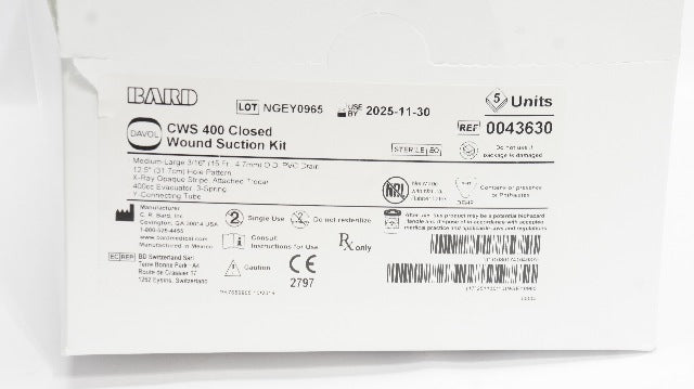Bard 0043630 Davol CWS 400 Closed Wound Suction Kit - Box of 5 ...