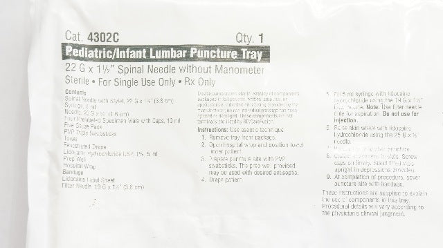 CareFusion 4302C Pediatric/Infant Lumbar Puncture Tray 22Ga x 1-1/2inc ...
