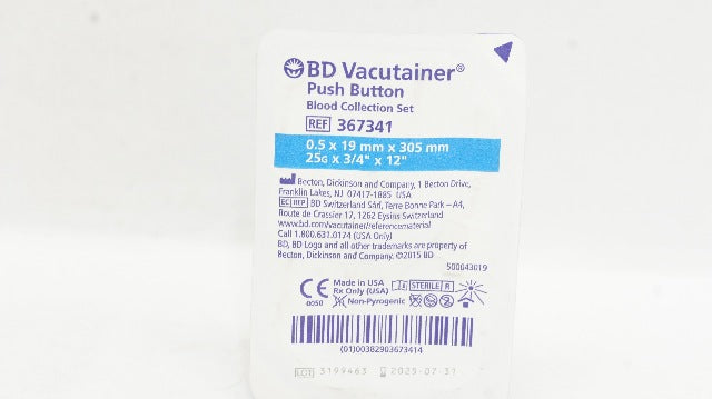 BD 367341 Vacutainer Push Button Blood Collection Set 25G x 3/4 x 12 i ...