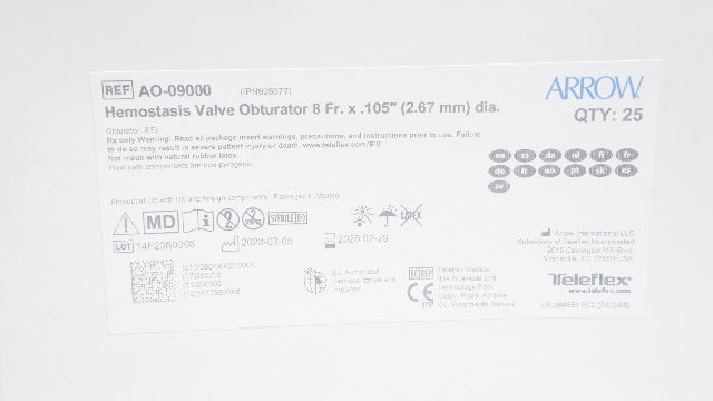 Arrow AO-09000 Hemostasis Valve Obturator 8Fr x 105inch dia. - Box of ...