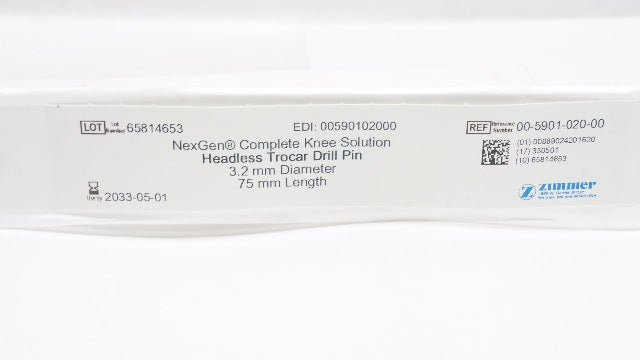 Zimmer 00-5901-020-00 NexGen Headless Trocar Drill Pin 3.2mm x 75mm ...