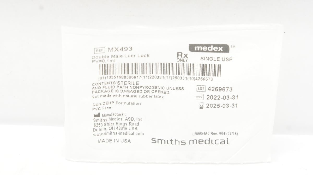 Smiths Medical MX493 Medex Double Male Luer Lock, PV 0.1mL – Imedicsales