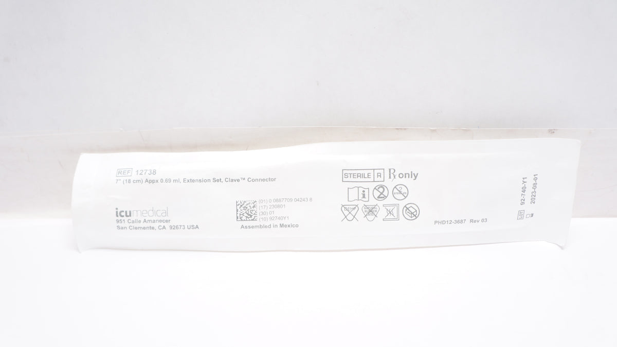 ICU Medical 12738 Non-DEHP Extension Set Clave Connector 7inch x 0.69m ...