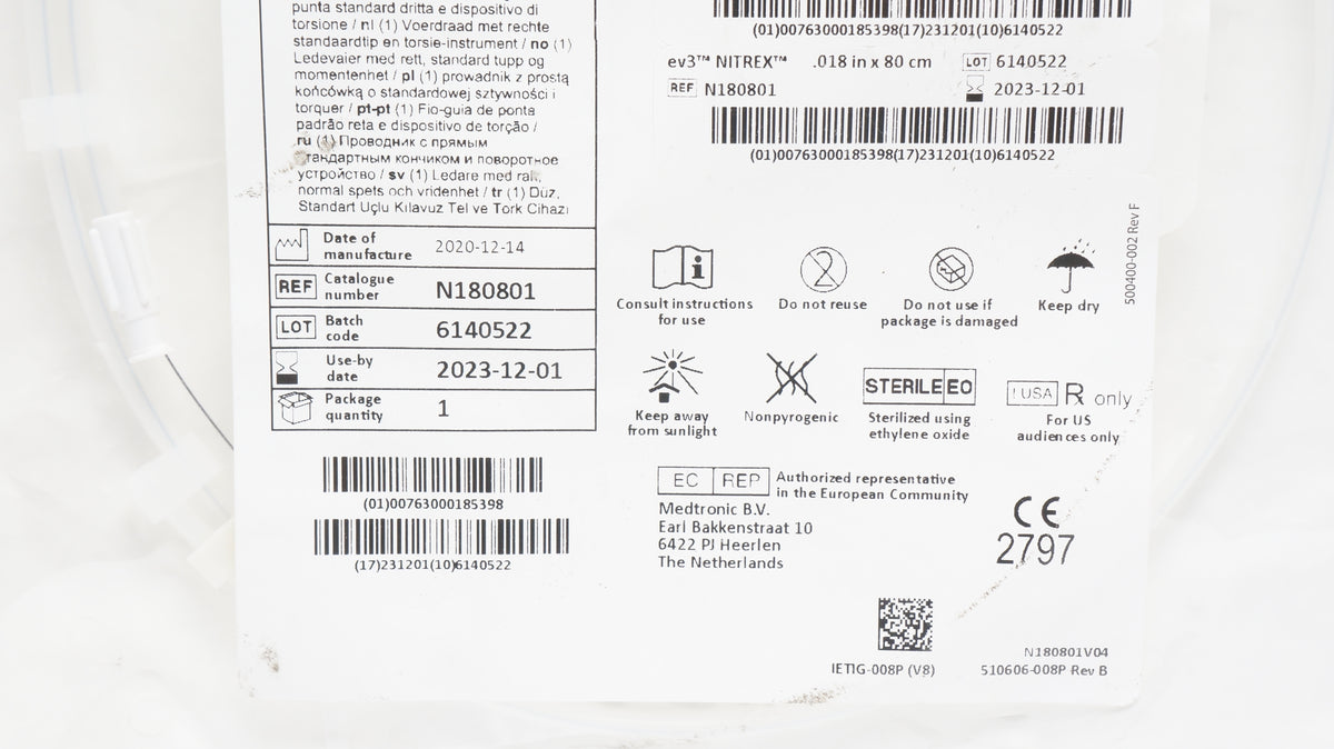 Ev3 N180801 Nitrex Guidewire and Torque Device .018inch x 80cm x 2cm ...