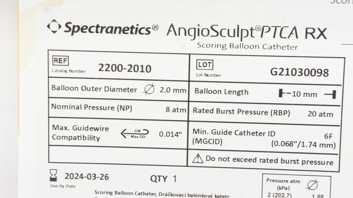 Spectranetics 2200-2010 AngioSculpt PTCA RX Scoring Balloon Cath. (x ...