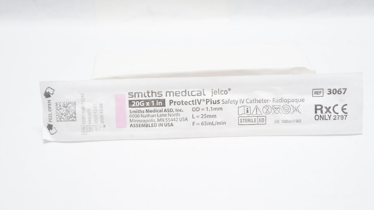 Smiths Medical 3067 Jelco Protect IV Plus Safety Cath. Radiopaque 20G ...