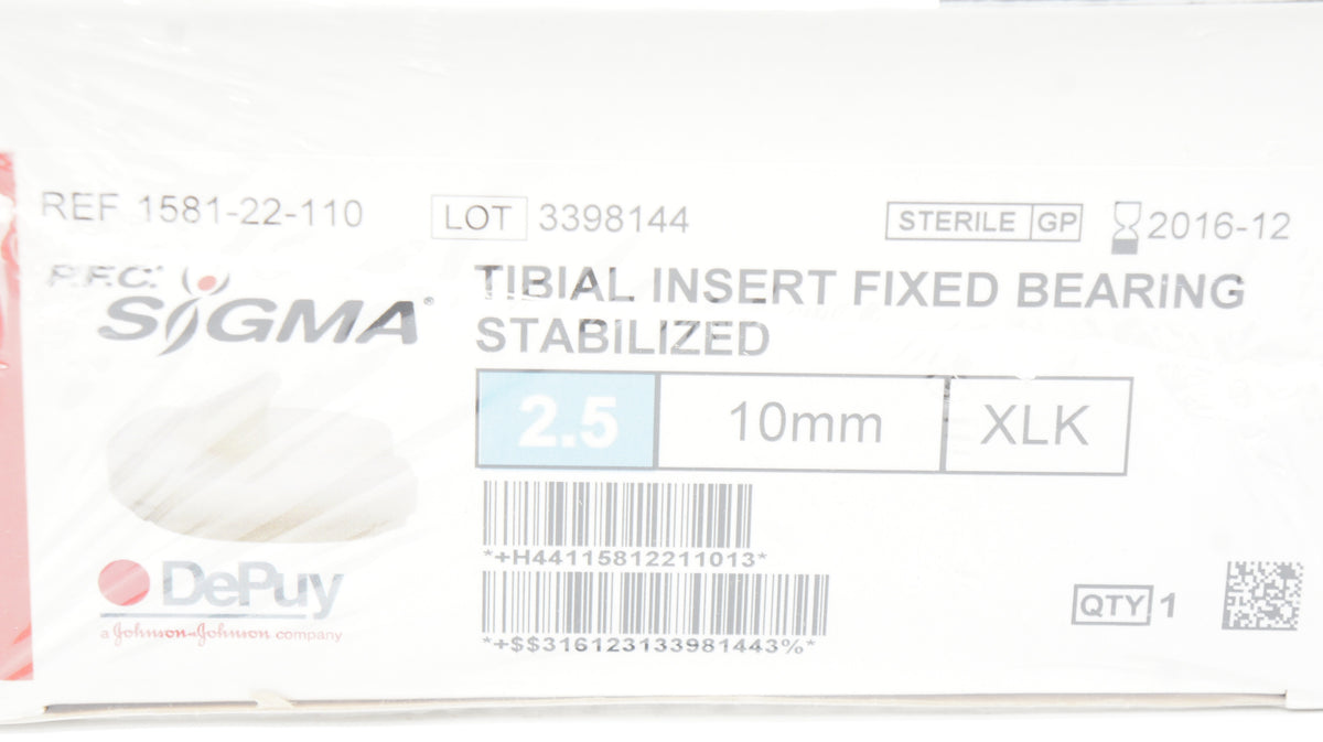 DePuy 1581-22-110 Sigma Tibial Insert Fixed Bearing Stabilized 2.5, 10 ...