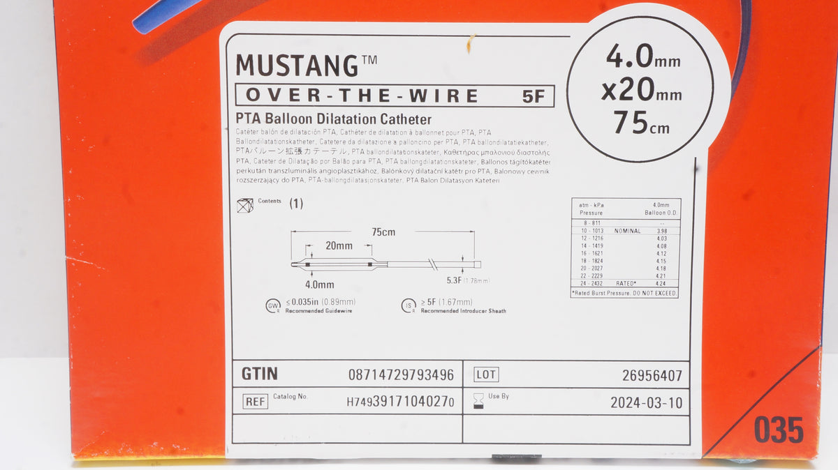 Boston Scientific H74939171040270 Mustang PTA Balloon Cath. 4.0 x 20mm ...