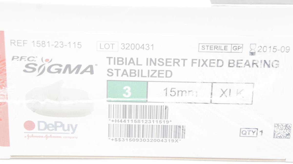 DePuy 1581-23-115 Sigma Tibial Insert Fixed Bearing Stabilized, 3, 15m ...