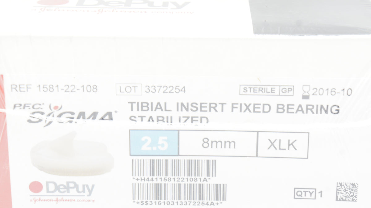 DePuy 1581-22-108 Sigma Tibial Insert Fixed Bearing Stabilized 2.5, 8m ...
