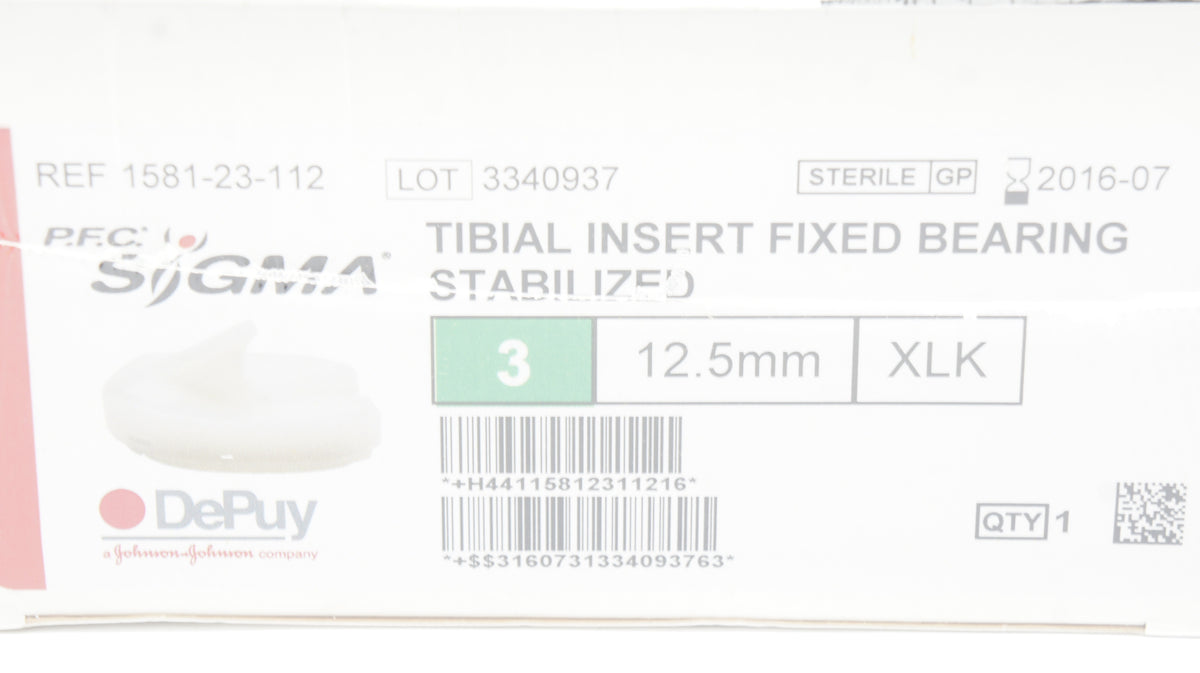 DePuy 1581-23-112 Sigma Tibial Insert Fixed Bearing Stabilized 3, 12.5 ...
