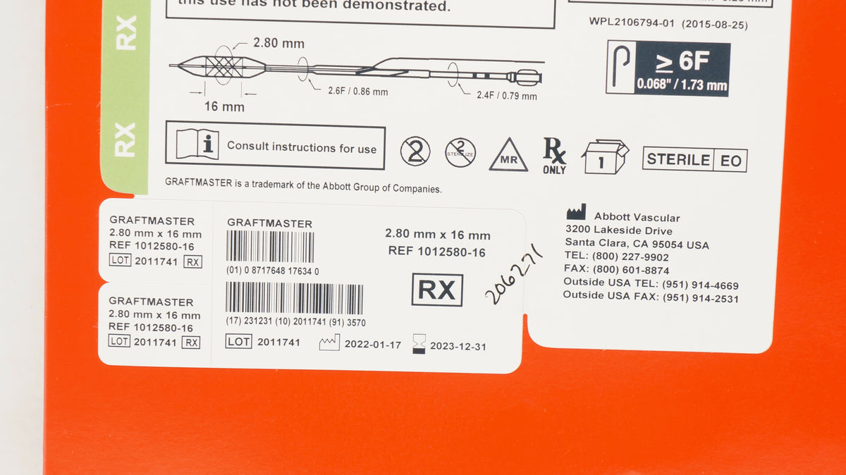 Abbot 1012580-16 Graftmaster Coronary Stnt Graft System 2.80 mm x 16 m ...
