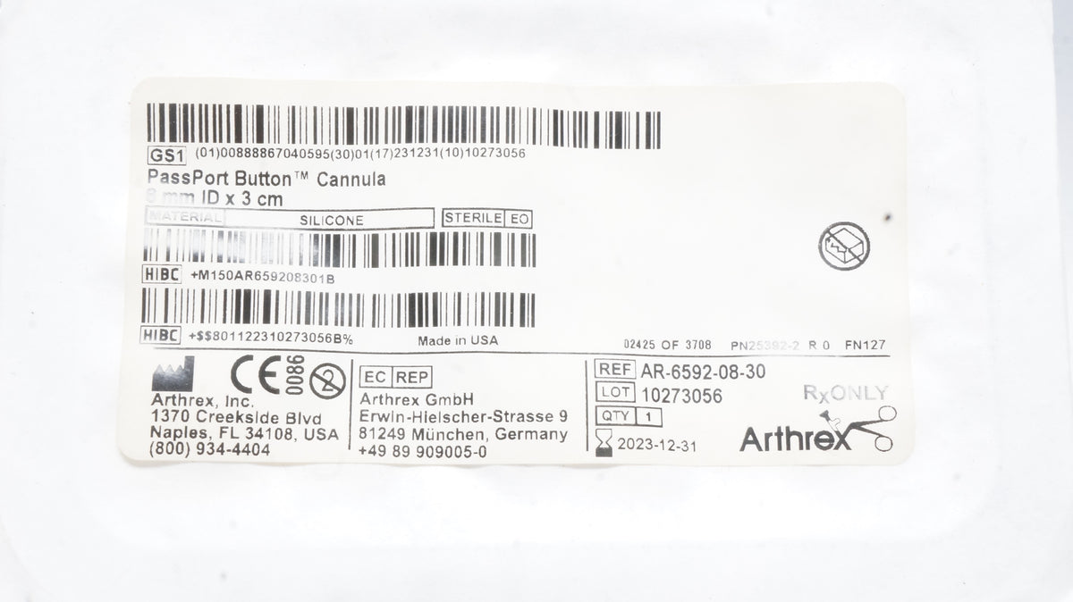 Arthrex AR-6592-08-30 PassPort Button Cannula 8mm ID x 3cm (x ...
