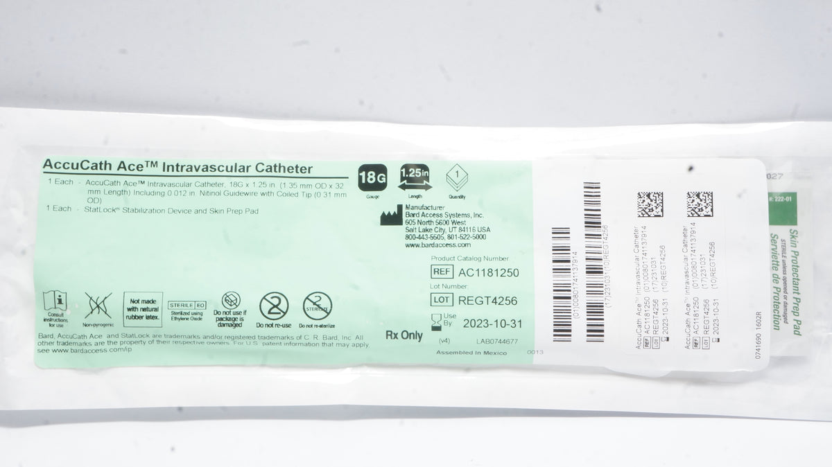 Bard AC1181250 AccuCath Ace Intravascular Cath. Basic Kit, 18G x 1.25i ...