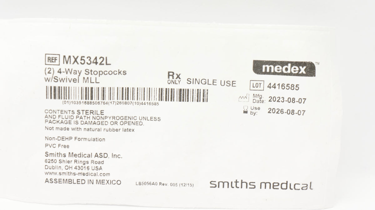 Smiths Medical MX5342L Medex 4 Way Stopcocks w/Swivel MLL - Pack of 2 ...