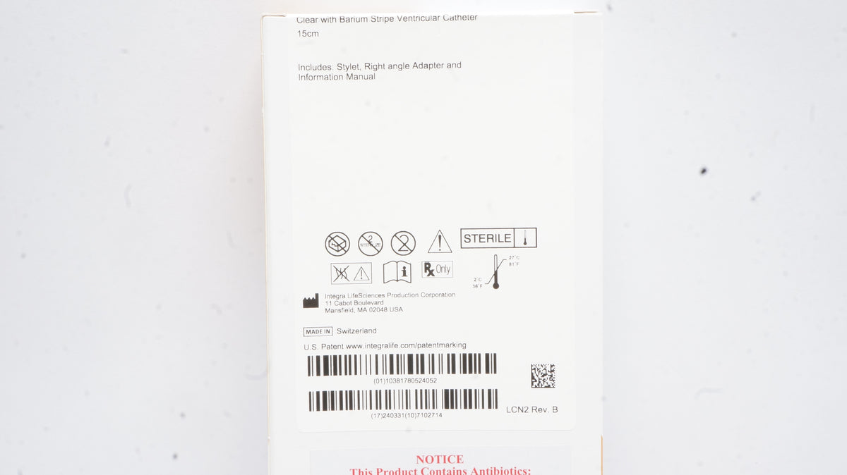 Codman NS0338 Bactiseal Clear with Barium Stripe Ventricular Cath. 15c ...