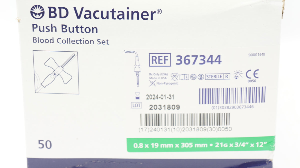 BD 367344 Vacutainer Push Button Blood Collection Set 21Gx3/4inx12in-B ...