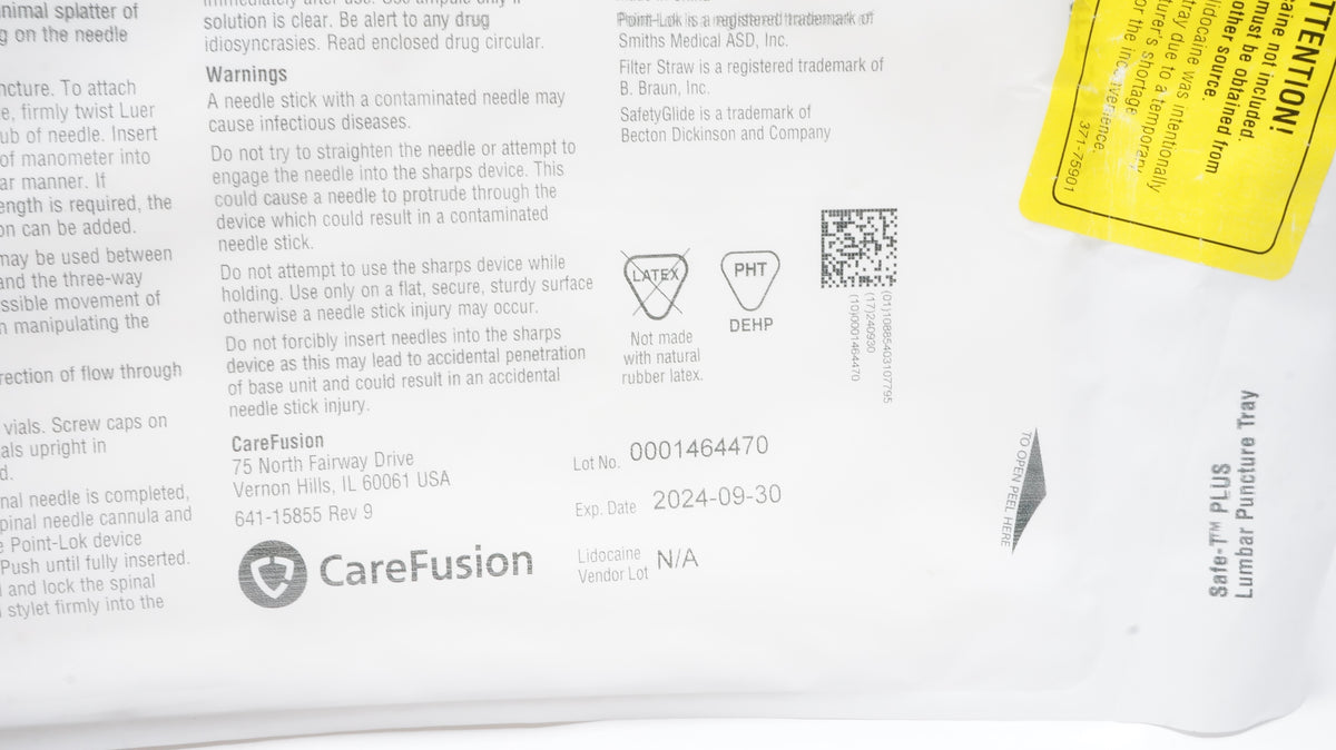 CareFusion 4306CSP Safe-T Plus Adult Lumbar Puncture Tray Ndle 22Gx3-1 ...