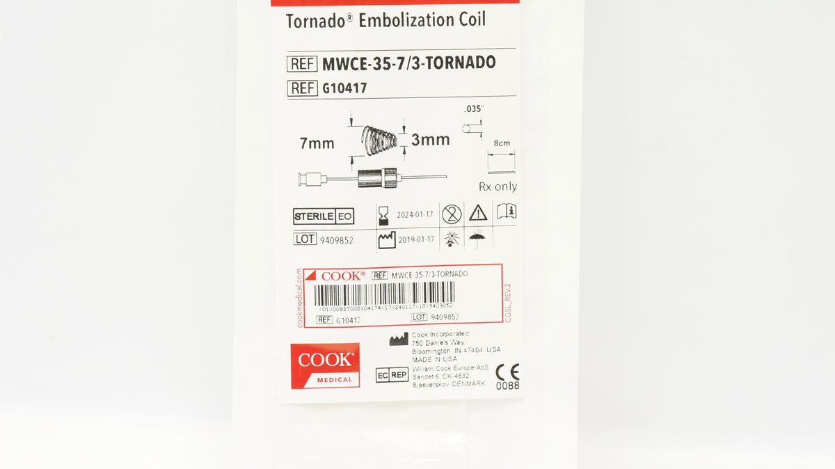 Cook Medical G10417 Tornado Embolization Coil 7mm x 3mm x .035inch x 8 ...