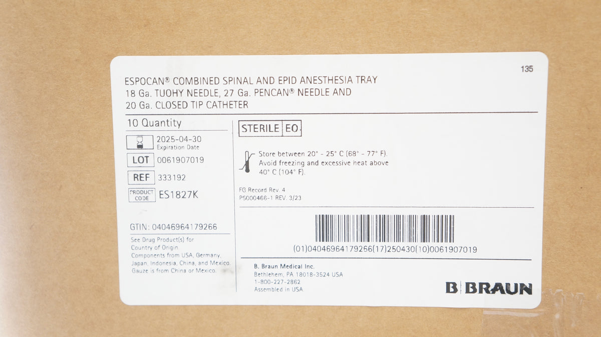 B.Braun 333192 Espocan Combined Spinal & Epidural Anesthesia Tray - Bo ...