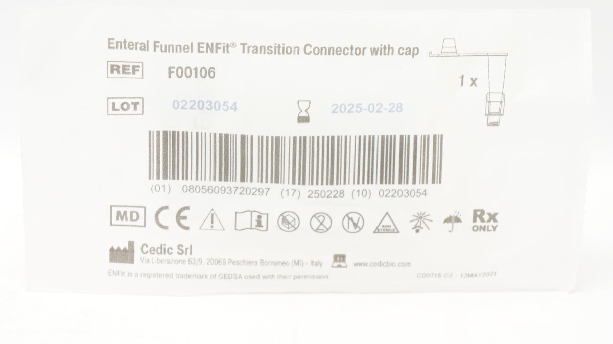 Cedic Srl F00106 Enteral Funnel ENFit Transition Connector With Cap (x ...