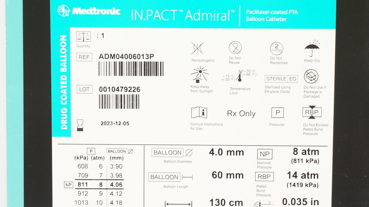 Medtronic ADM04006013P IN.PACT Admiral PTACath. 4.0 x 60mm x 130cm x ...