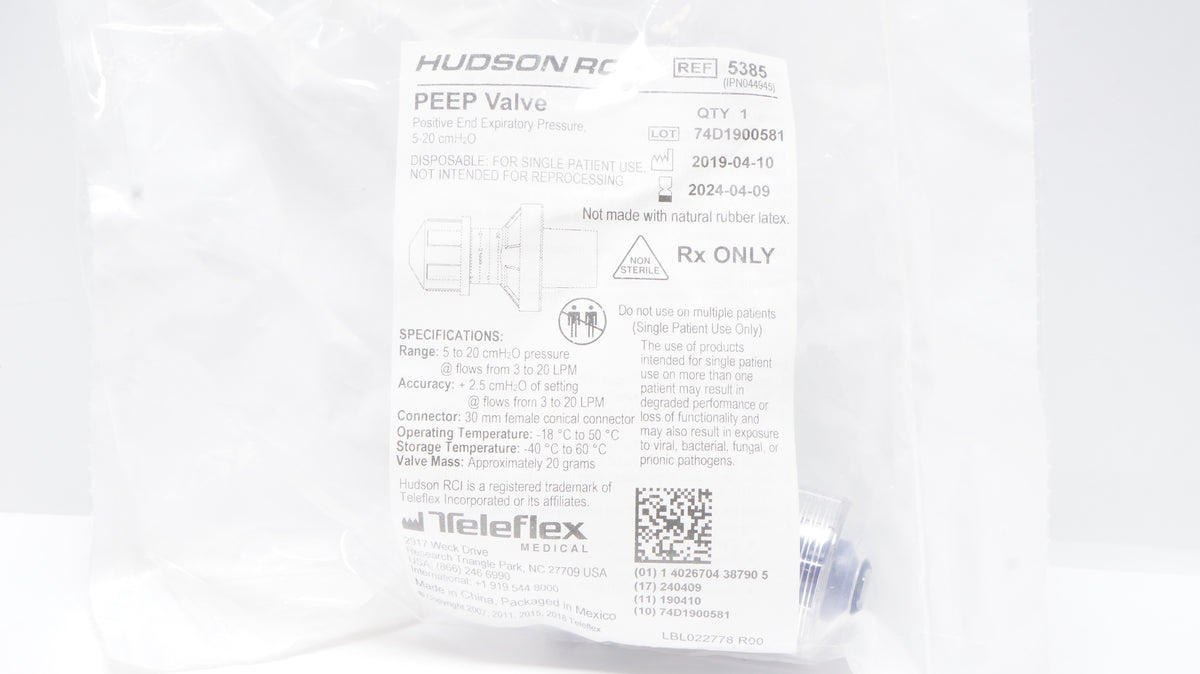 Teleflex 5385 Hudson RCI Peep Valve Positive End Expiratory Pressure 5 ...