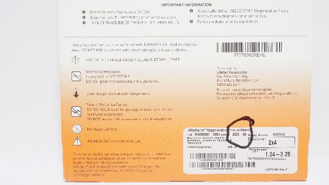 LifeCell 102012 Allergan AlloDerm Regenerative Tissue Matrix, Size 2x4 ...