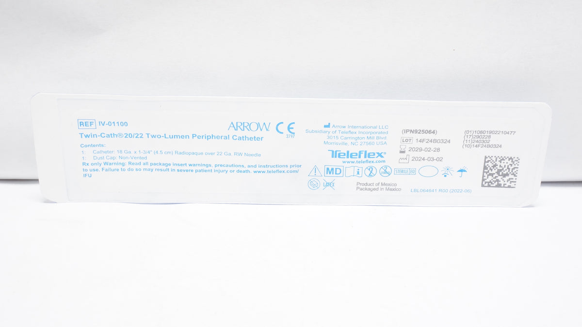 Arrow IV-01100 Twin-Cath 20/22 Multiple-Lumen Peripheral Cath. 18Gax1 ...