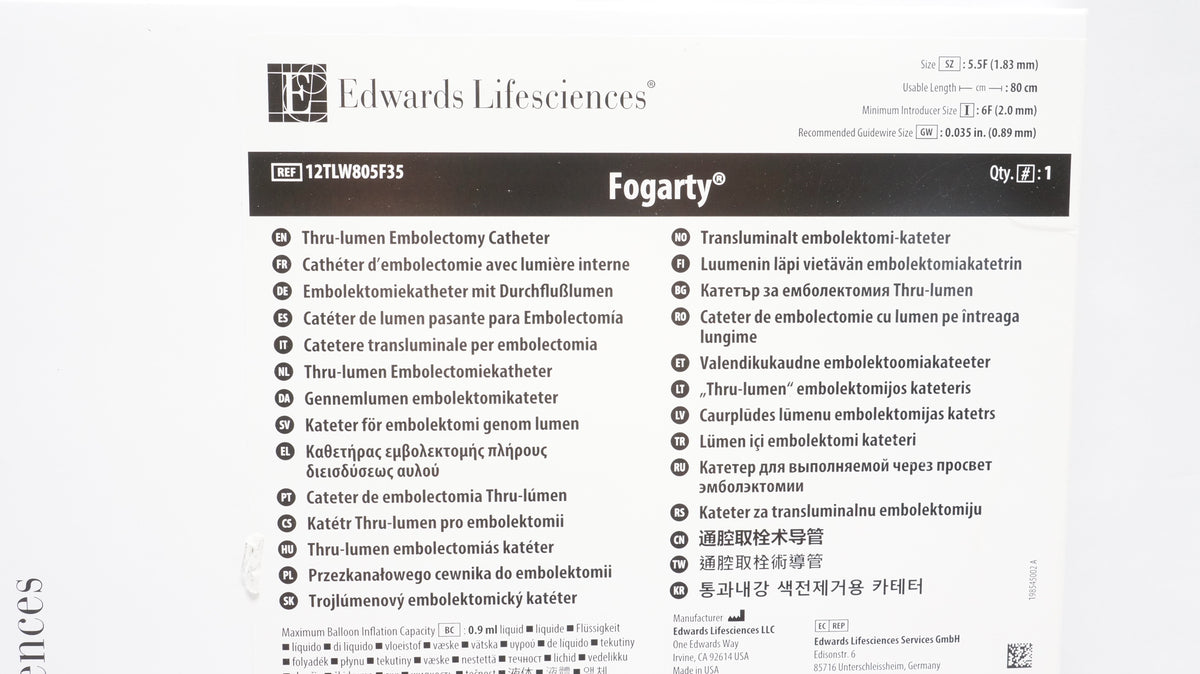 Edwards Lifesciences 12TLW805F35 Fogarty Thru-Lumen Embolectomy Cath ...