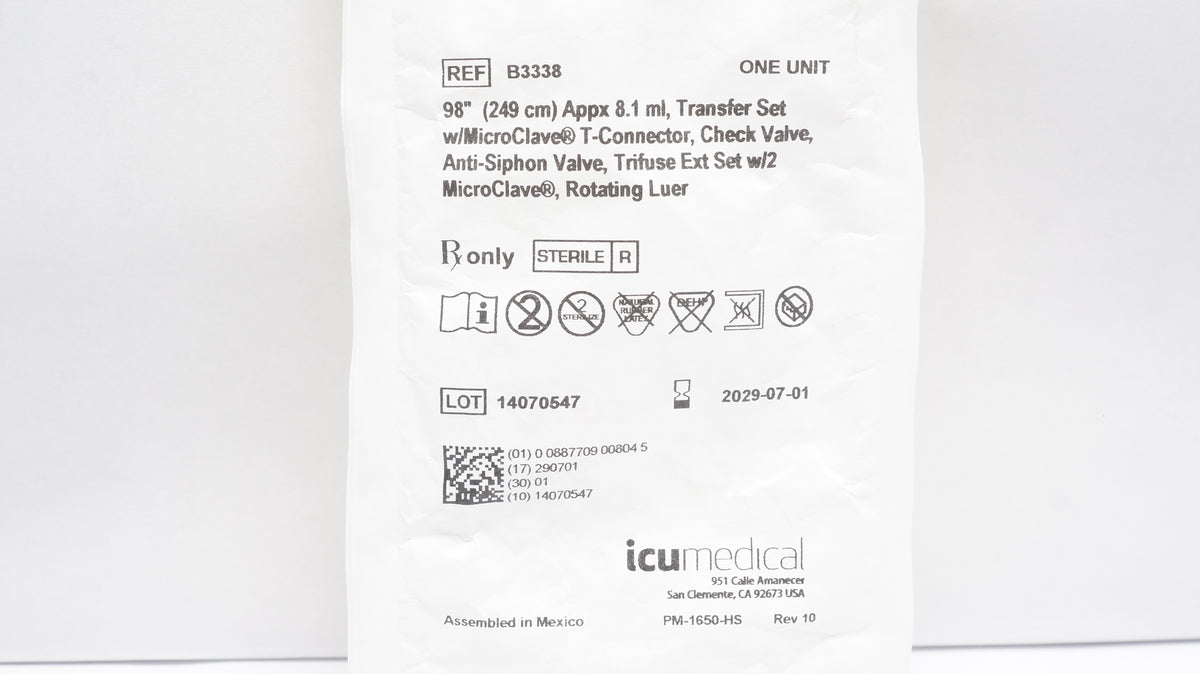 ICU Medical B3338 Transfer Set with MicroClave T-Connector, 8.1mL x 98 ...
