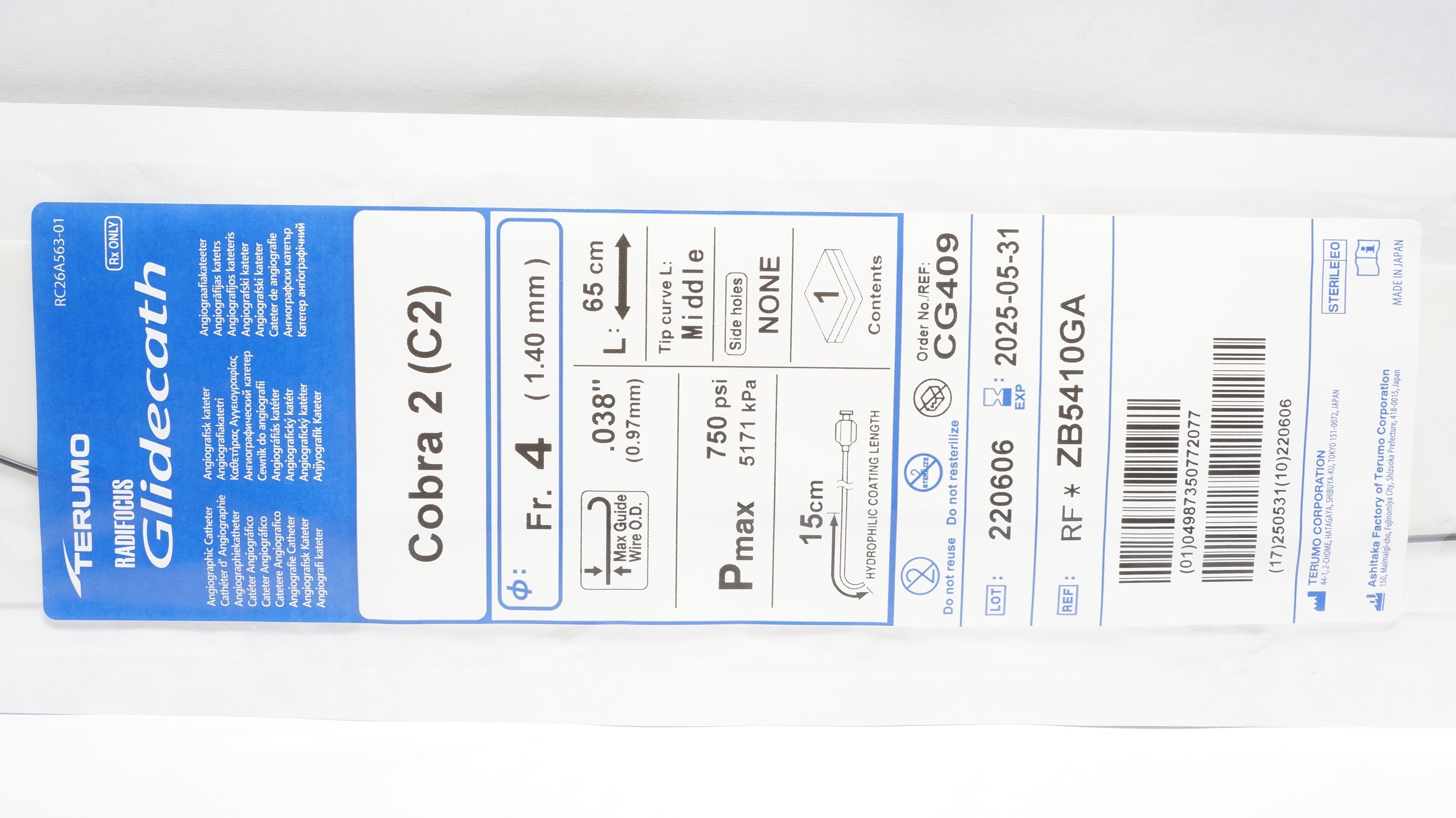 Terumo ZB5410GA Cobra 2 Radifocus Glidecath Angiographic Cath. 4Fr x 6 ...